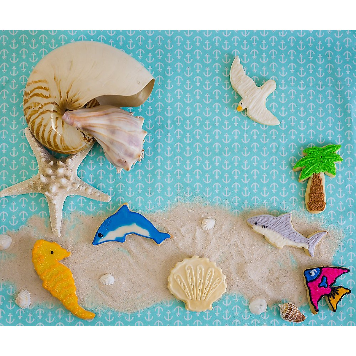 R&M International Seven Seas Ocean Cookie Cutters, Seagull, Angel Fish, Palm Tree, Seashell, Seahorse, Dolphin, Shark, 7-Piece Set