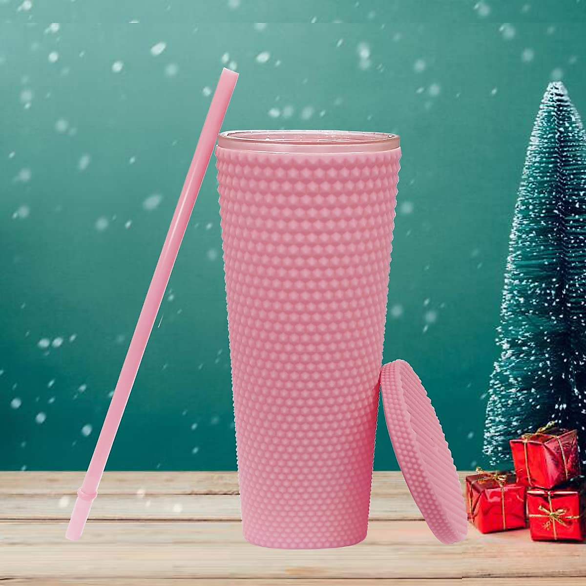 Essasea 24oz Fully Studded Tumbler.Matte Pink Studded Tumbler with Lid and Straw.Reusable Double Walled Insulated Travel Tumbler.Plastic Acrylic Pastel Colored Tumbler Cup for Iced Coffee Smoothie.