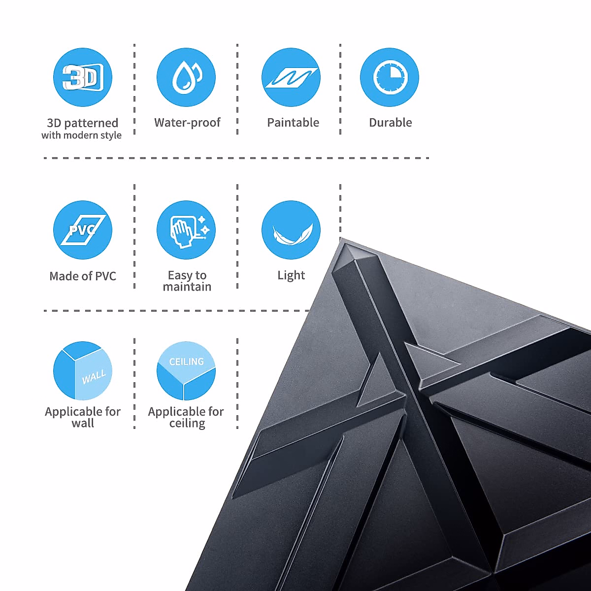 Art3d PVC 3D Wall Panel, Decorative Wall Tile in Black 12-Pack 19.7"x19.7"