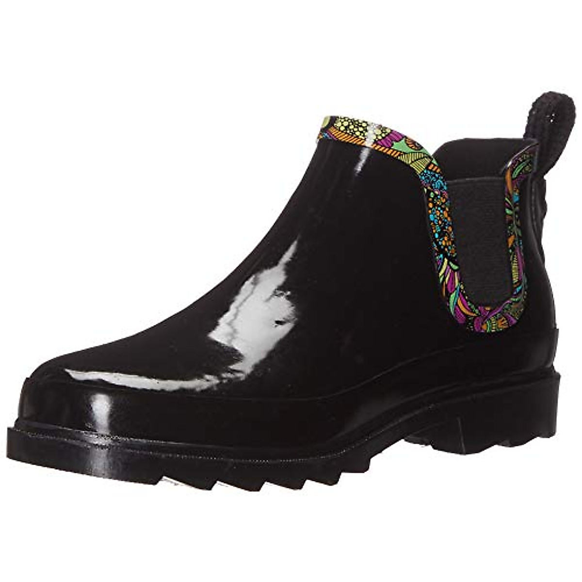 The SAK Women's Sakroots Rhyme Ankle Rainboot Rain Boot, Black with Rainbow Spirit Desert, 6 Medium US