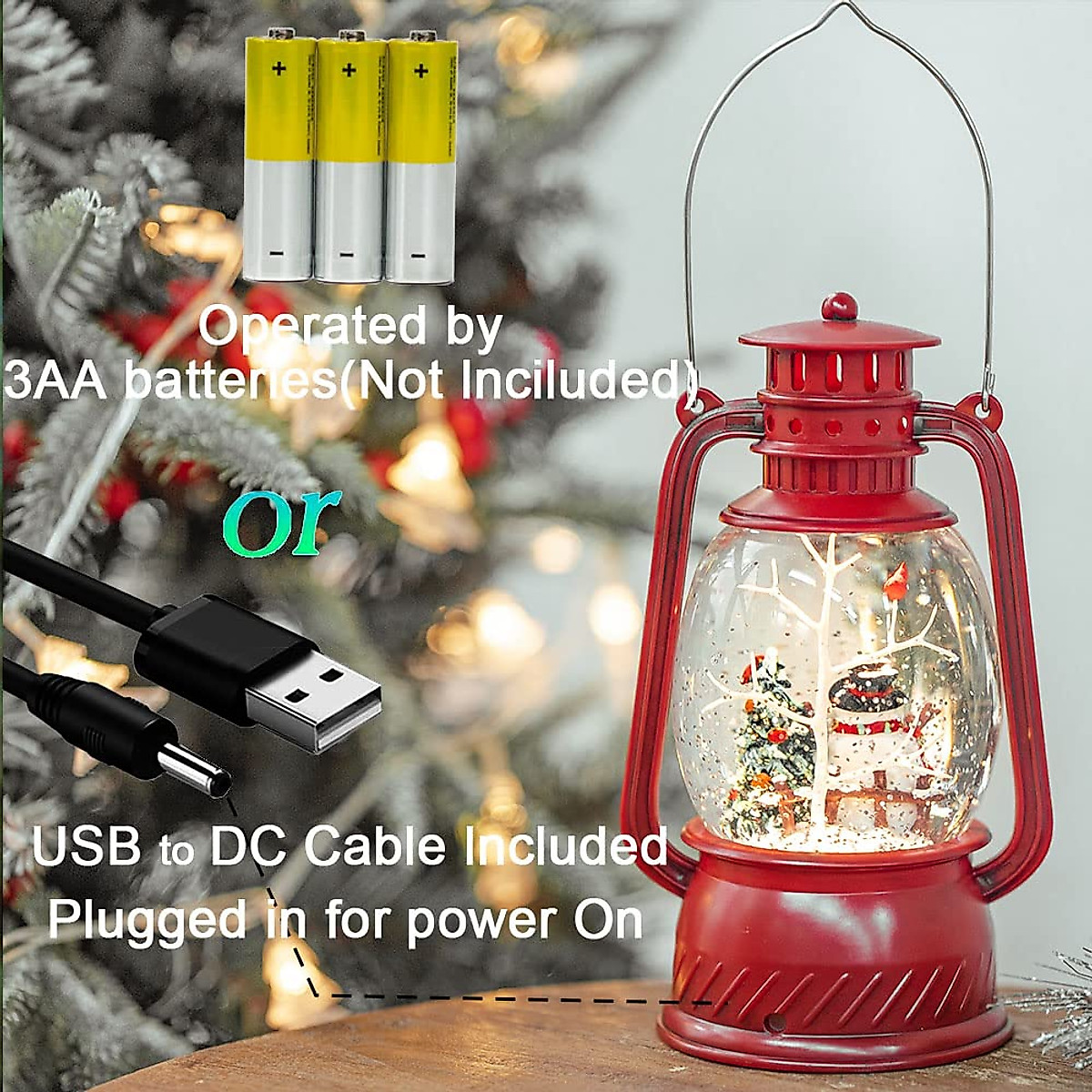 TIJNN Christmas Snow Globe Lantern 9", Battery Operated Lighted Swirling Glitter Lantern with Timer for Christmas Home Decoration, Snowman (red