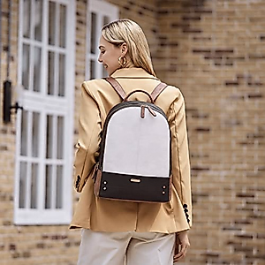 CLUCI Laptop Backpack for Women Leather 15.6 inch Computer Backpack Travel Vintage Large Bag White Black with Brown