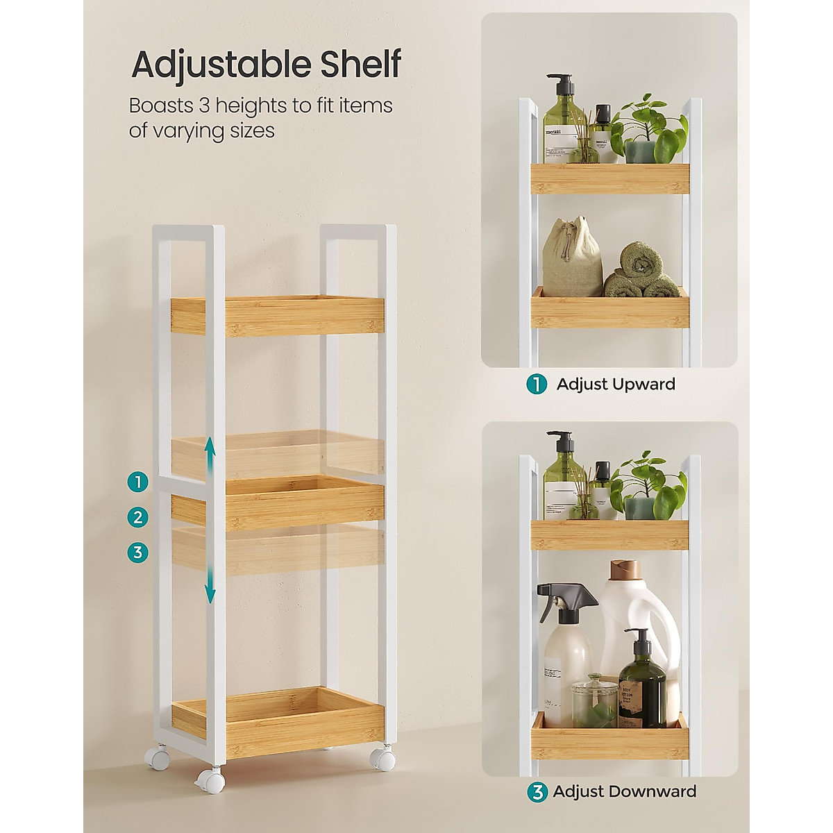 SONGMICS Bamboo Rolling Cart, 3-Tier Utility Cart on Wheels, Slim Narrow Storage Shelf, Bamboo Shelves, Space-Saving, Multifunctional, for Bathroom, Kitchen, White and Natural UBCB083N02