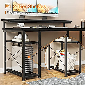 ODK L Shape Computer Desk with Monitor Stand, 48 Inch Home Office Desk with Storage Printer Shelves, Sturdy Writing Table with Reversible Bookshelf for Bedroom, Black