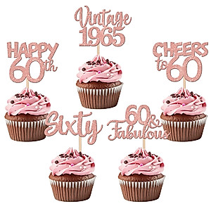 30PCS Vintage 1965 Cupcake Toppers Glitter Sixty 60 Fabulous Happy 60th Birthday Cupcake Picks Cheers to 60 Years for 60th Birthday Anniversary Party Cake Decorations Supplies Rose Gold