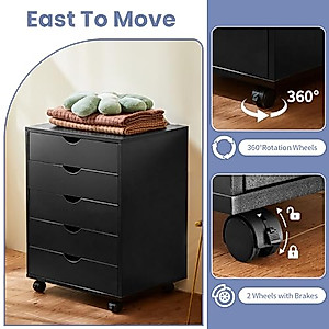 NEWBULIG 5 Drawer Storage Organizer, Wood File Cabinets with Wheels, Large Printer Stand for Home Office Study Dressing Room