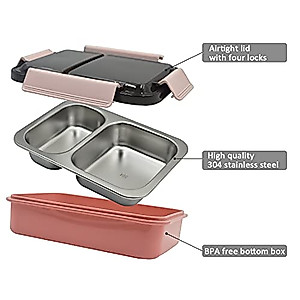 Inroserm Stainless Steel Bento Box For Adults and Kids 2 Compartments Lunch Box Leakproof Pink