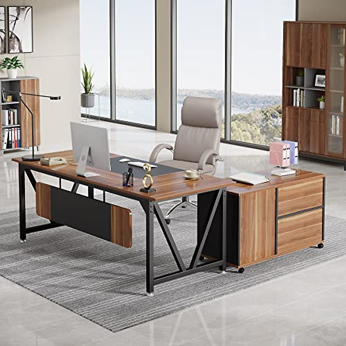 Tribesigns 70.8" Executive Desk with 35.4" File Cabinet Combo, Industrial L-Shaped Computer Desk, Extra Large Workstation with Drawers and Open Storage, Business Furniture Set for Home Office