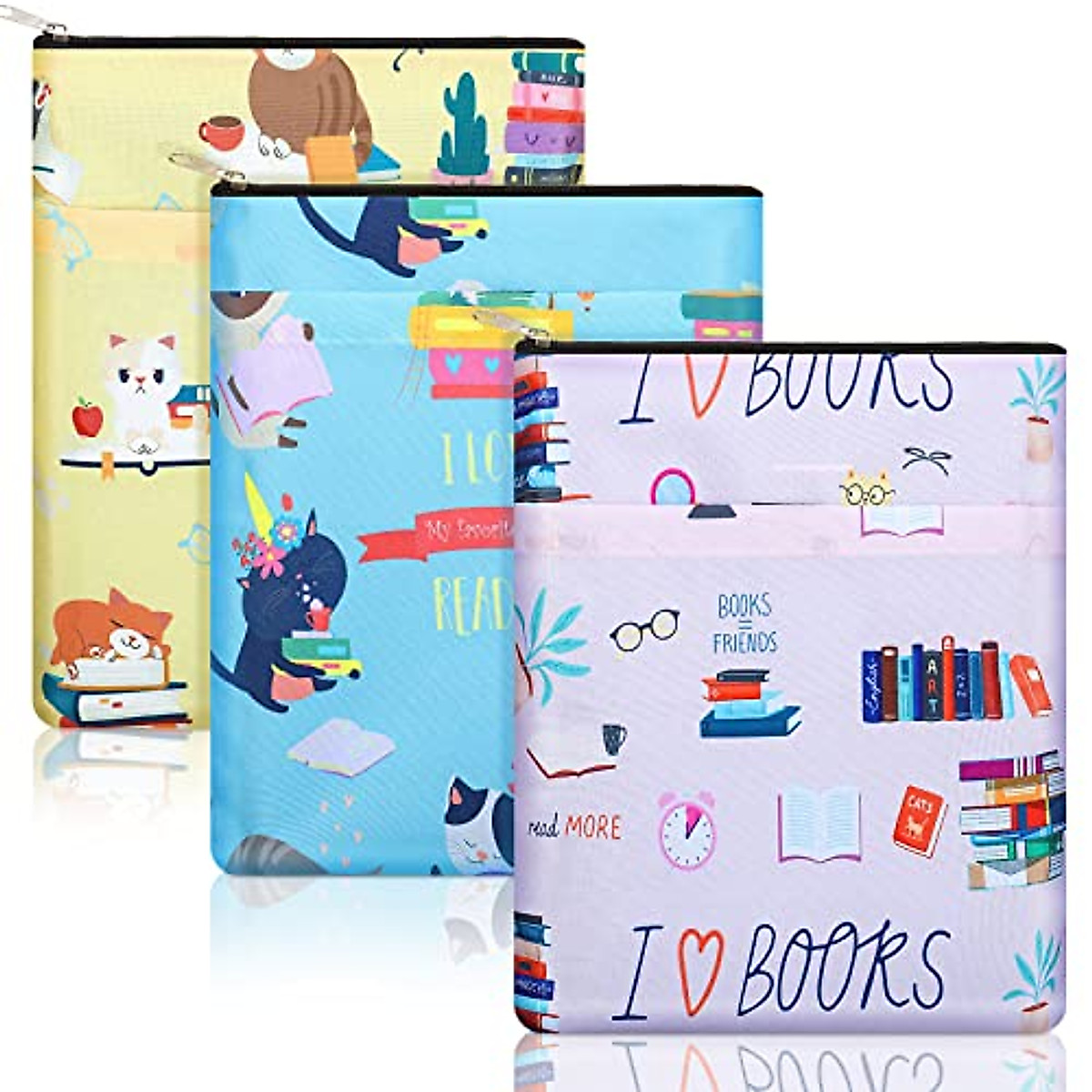3 Pcs Cat Book Protector Pouch Sleeve Book Covers for Book Lovers Book Protector with Zipper Washable Fabric Book Cover Cute Book Protector Pouch for Paperbacks, Book Lovers, Medium 11 x 8.7 Inch