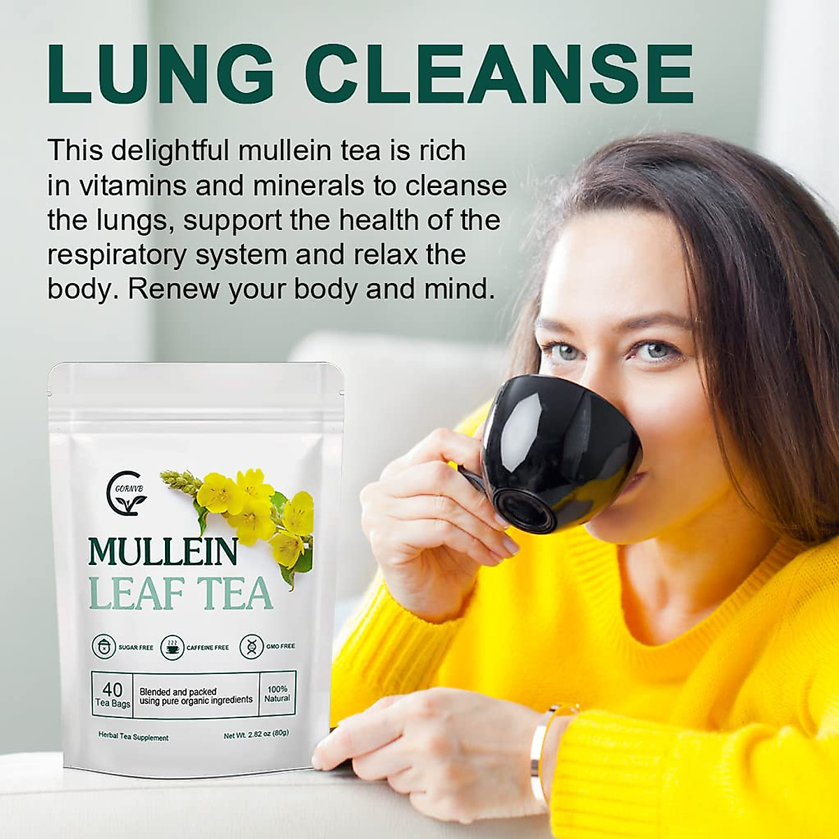 Mullein Leaf Tea Bags - Lungs Cleanse and Respiratory Support, Mullein Herbal Teas, Caffeine Free, 40 Tea Bags