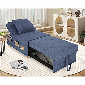 SEJOV Sleeper Sofa Chair Bed,4-in-1 Convertible Sofa Bed Chair with 6 Adjustable Backrest and Pillow, 3-Seat Pull Out Sleeper Chair Linen No Backrest for Bedroom Small Space Living Room, Navy Blue