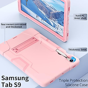 Kezigud Shockproof Kickstand Case for Galaxy Tab S9 11''/S9 FE 10.9'', Heavy Duty Hybrid Rugged Three Layer Soft Silicone+Hard PC with S-Pen Holder Cover for Samsung Tab S9/S9 FE 2023(Rose Gold)