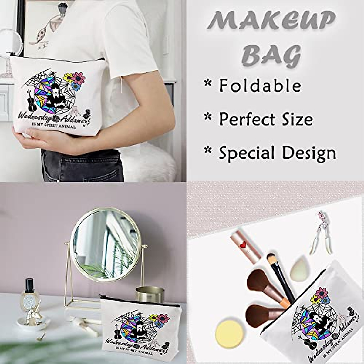 Hymik 2 Pcs Addams Movie Tote Bag and Makeup Bag, Wednesday Fans Gift Wednesday AD Is My Spirit Animal Makeup Accessories Zipper Pouch Girls Pencil Case Women Handbags Purses