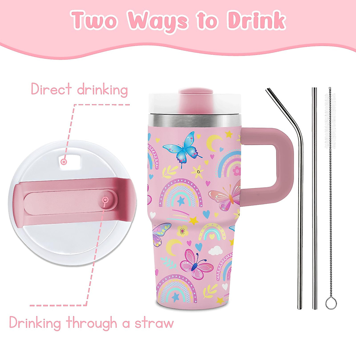 Butterfly Gifts for Girls, Rainbow Tumbler with Handle and Straw for Kids 14 oz, Birthday Gifts for Butterfly Lovers Girls, Insulated Stainless Steel Travel Mug for Toddlers