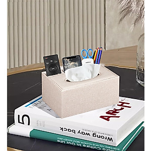 Tissue Box Cover Rectangular, Compatible with Kleenex Box Covers, Multifunctional Facial Tissue Box Holder with Remote Control Holder, Decorative Nighstand Organizer, Tissue Dispenser for Bathroom