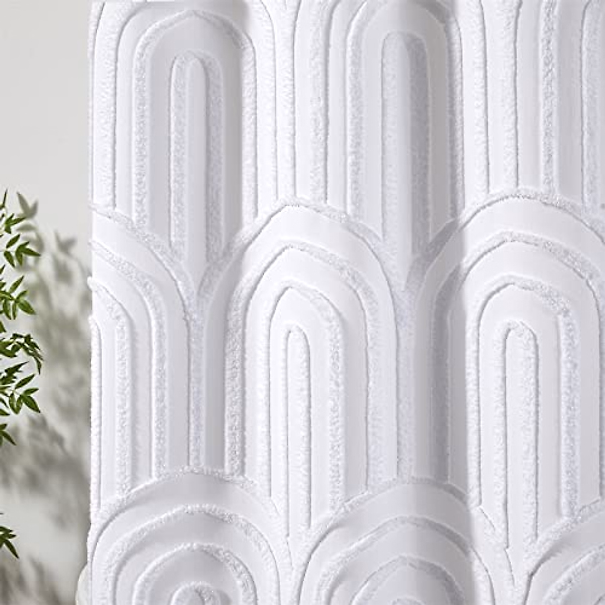 Estmy Boho White Tufted Shower Curtain Sets with Hooks, Simple Modern Chic Cute Rainbow Shape Chenille Stripe Cotton Fabric Shower Curtain Bathroom Decor, Heavy Duty/Water Repellent/Washable