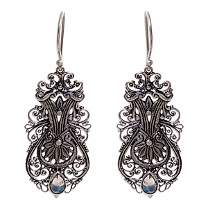 NOVICA Artisan Handmade Rainbow Moonstone Dangle Earrings Sterling Silver Indonesia [18 in L 2 mm W Pendant(s) 1.6 in L x 1.1 in W x 0.3 in D] ' Rainbow Flowers'