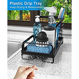 ODesign Kitchen Sink Organizer Sponge Brush Holder with Drain Pan Tray Sink Caddy Countertop Stainless Steel Rustproof - Black