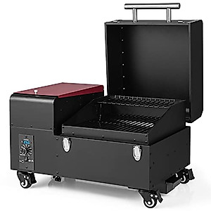 Giantex Portable Pellet Grill Smoker with 2-Tier Grills, 4 Lockable Casters, Auto-feed System, Temp 150°F to 450°F, Meat Probe, Outdoor Tabletop Wood Pellet Grill for BBQ Camping RV Cooking
