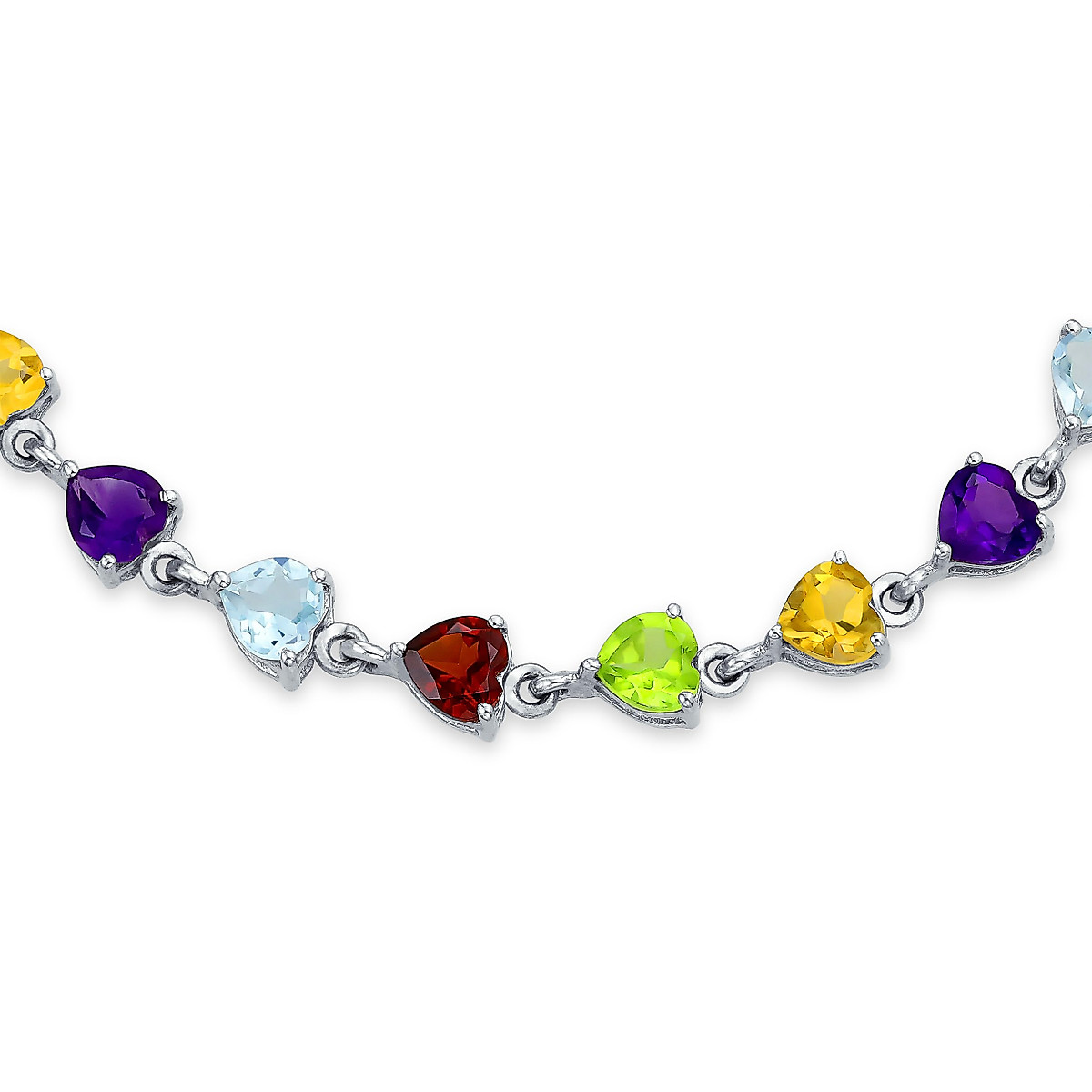 Romantic Natural Multicolor Citrine, Peridot, Garnet, Aquamarine, & Amethyst Heart Shape Gemstone Tennis Bracelet For Women .925 Sterling Silver 7 Inch