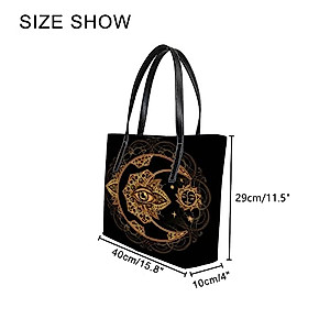 Black Vintage Boho Golden Moon Sun and Mandala Tote Bag for Women Leather Handbags Women's Crossbody Handbags Work Tote Bags for Women Coach Handbags Tote Bag with Zipper.