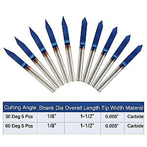V Groove Router Bits 1/8" Shank CNC Wood Carving Bits 10pcs 30°& 60°Engraving Bits Nano Blue Coat Solid Carbide CNC Router Bits for 2D&3D Sculpture Signmaking