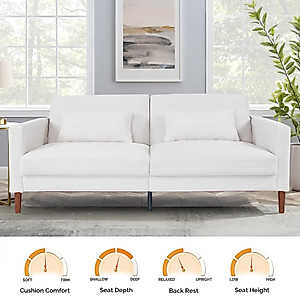 Aoowow 74" Comfy Loveseat Futon Sofa Couch for Living Room, 3 Seater Lounge Sofa for Bedroom, Modern Corduroy Sofa with 2 Lumbar Pillows, Deep Seat Sofa for Small Spaces, Office Couch, Beige