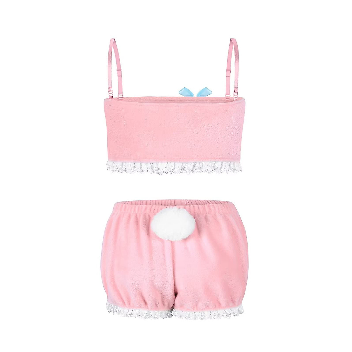 Landofgenie Cozy Womens Pajamas Tank Top and Shorts Set Fuzzy Lounge Set Women Cosplay Lingerie Pink Bunny XL