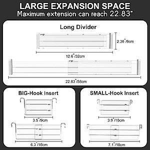HiYZ Expandable Drawer Dividers with Inserts - 2.36'' High Adjustable Drawer Organizers Separators for Kitchen, Bedroom, Dresser, Office, 5 Long Dividers(12.6-22.8'') with 10 Inserts(3.9-7.1'')-Clear