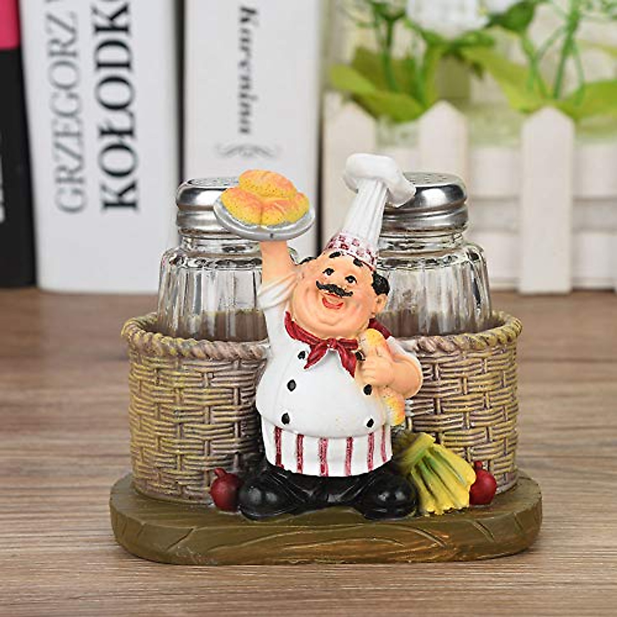 Salt and Pepper Shakers Set, Cute Fat Chef Decorative Statue Spice Organizer, with Holder Figurine Gift for Family, Kitchen, Restaurant, Cafe, Bakery (E14-15018-B)