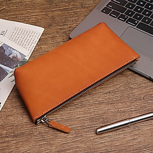 CHULEAG Leather Pen Pouch, Genuine Pencil Pouch, Elegant Handcrafted Zipper Pouch, Makeup Case for Women, Pencil Case Pencil Bag big Leather Pouch