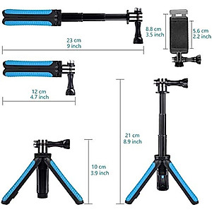 Extendable Mini Selfie Stick Tripod Two in One， Compatible with AKASO Gopro Hero 10/9/8/7/6/5 Various Action Camera and Cell Phone Accessories（Blue）