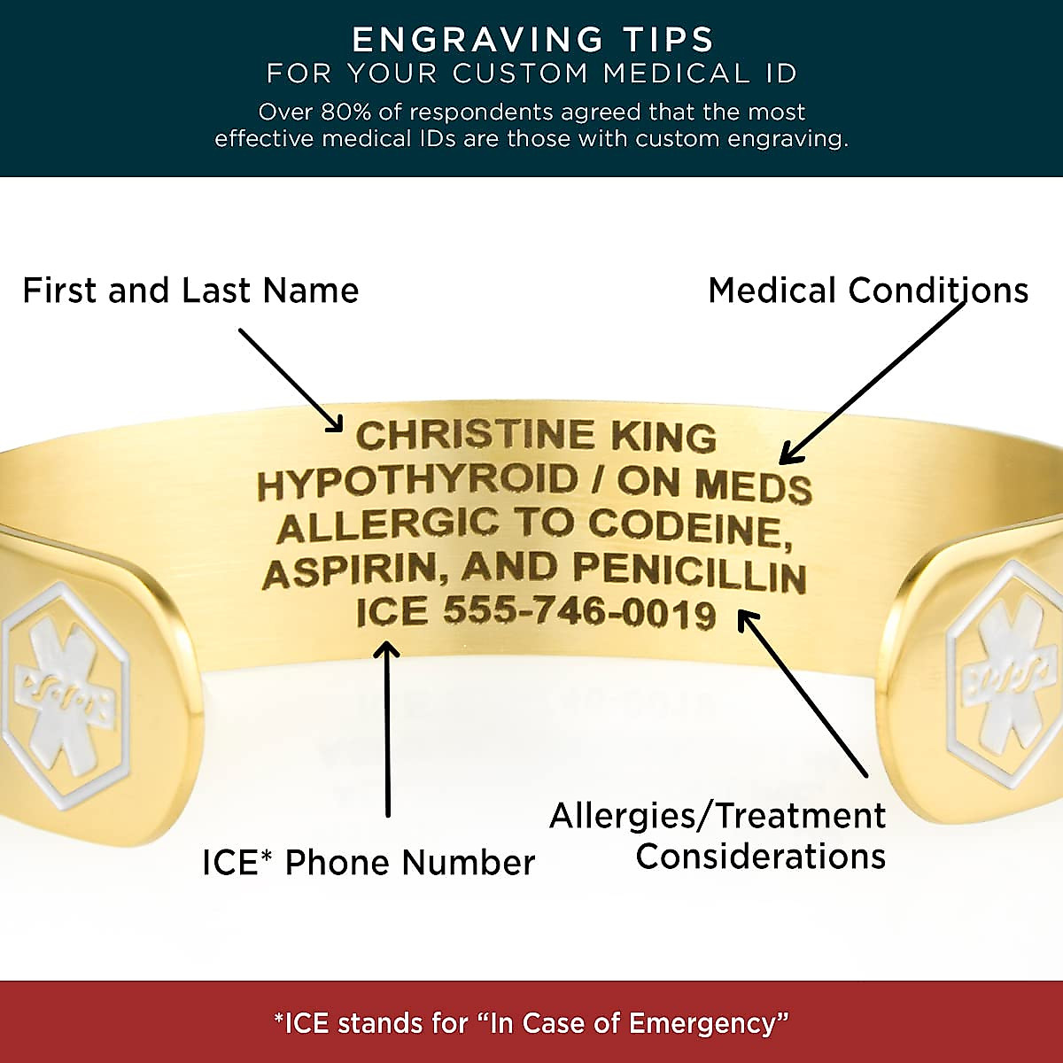 Lauren's Hope Custom Engraved Medical ID Cuff Bracelets for Women, Rose Gold, Silver and Gold (Gold Tone)