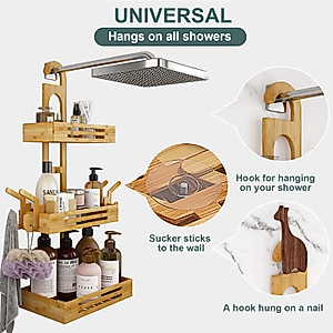 Nuvograin Bamboo Shower Caddy, Bathroom Caddy Hanging, 3 level Bathroom Shower Organizer, Caddy over Shower Head, Hanging Shower Caddy