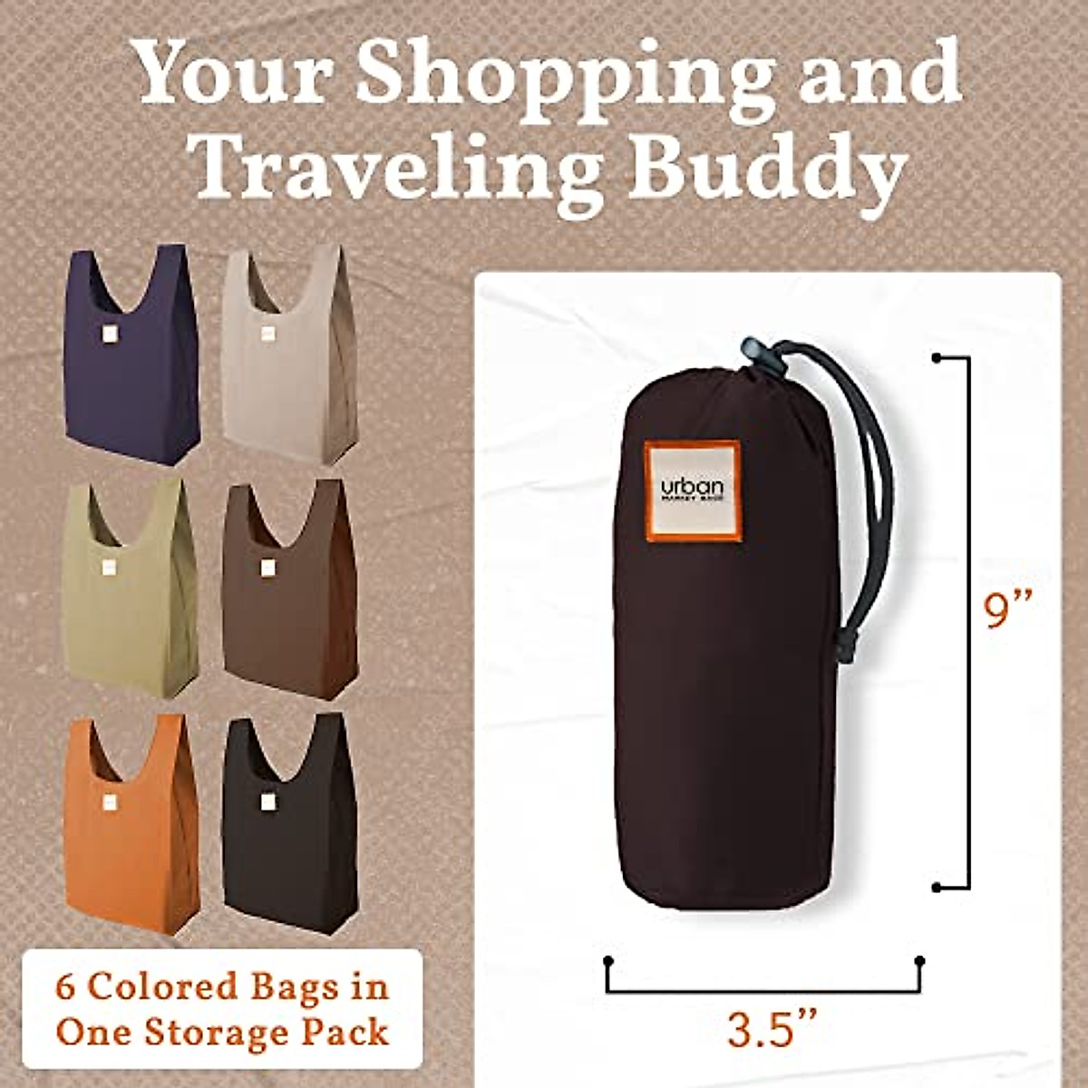 Urban Market Bags - Reusable Shopping Bags, Large Nylon Foldable Grocery Bags with Comfortable Handles, Machine-Washable Grocery Totes in a Compact Pack, Rural, Set of 6