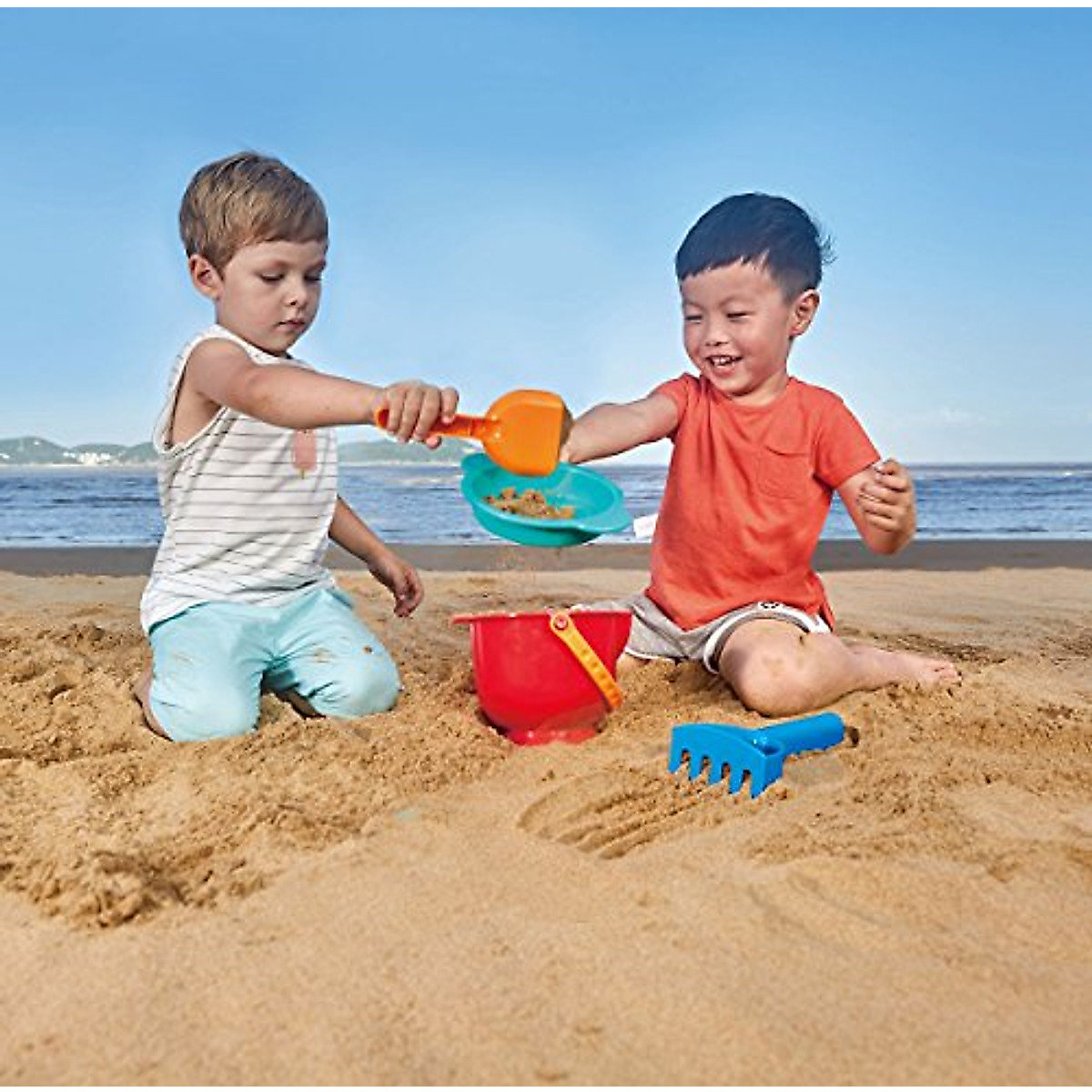 Hape Beach Basics Sand Toy Set Including Bucket Sifter, Rake, and Shovel Toys| Sand Toy Playset for Toddlers 18M+