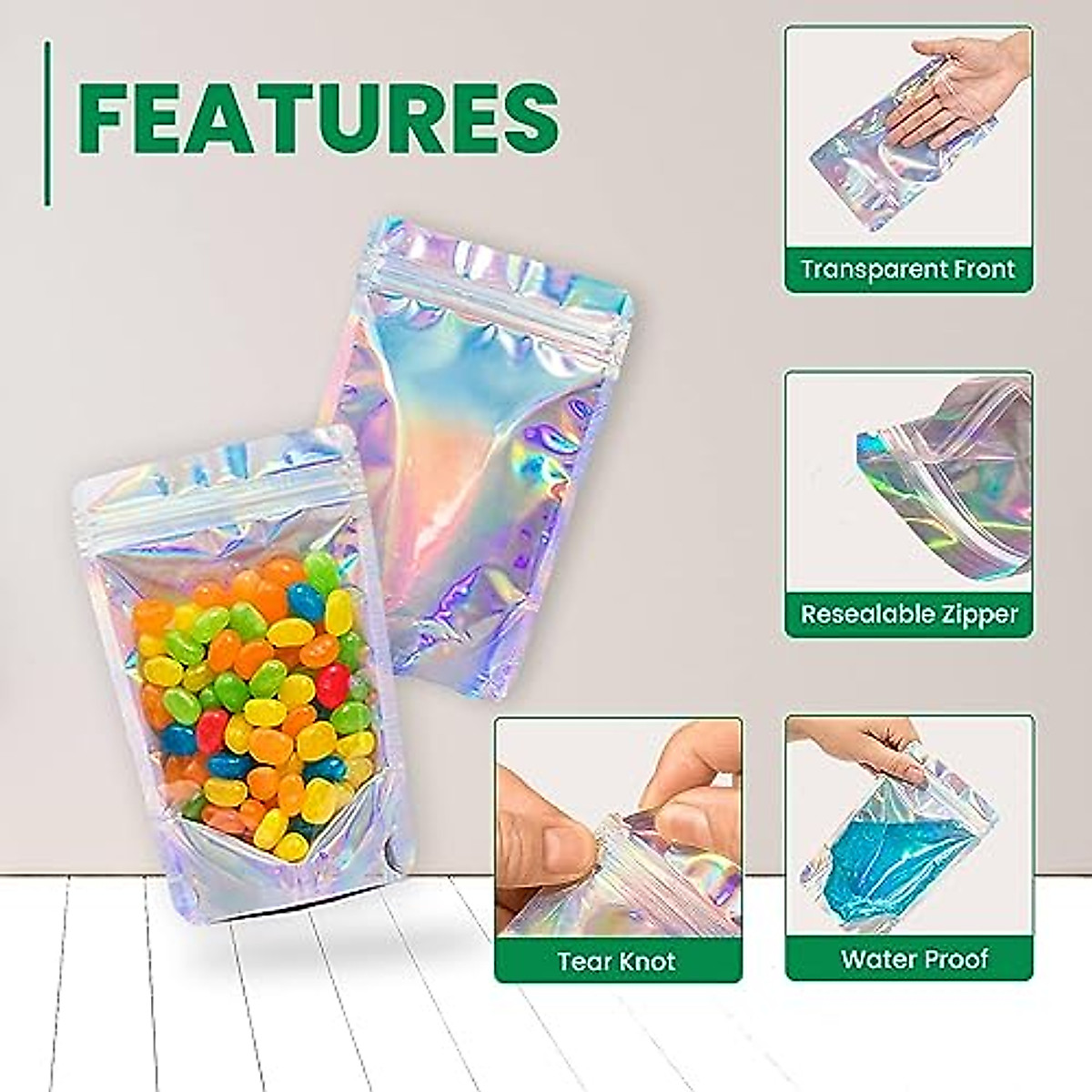 4" x 6" Sleek Holographic Mylar Bags – Transparent Front, Resealable – Ultimate Candy Bags, Mylar Bags for Food Storage, & Small Business Packaging Supplies (100 Pack)