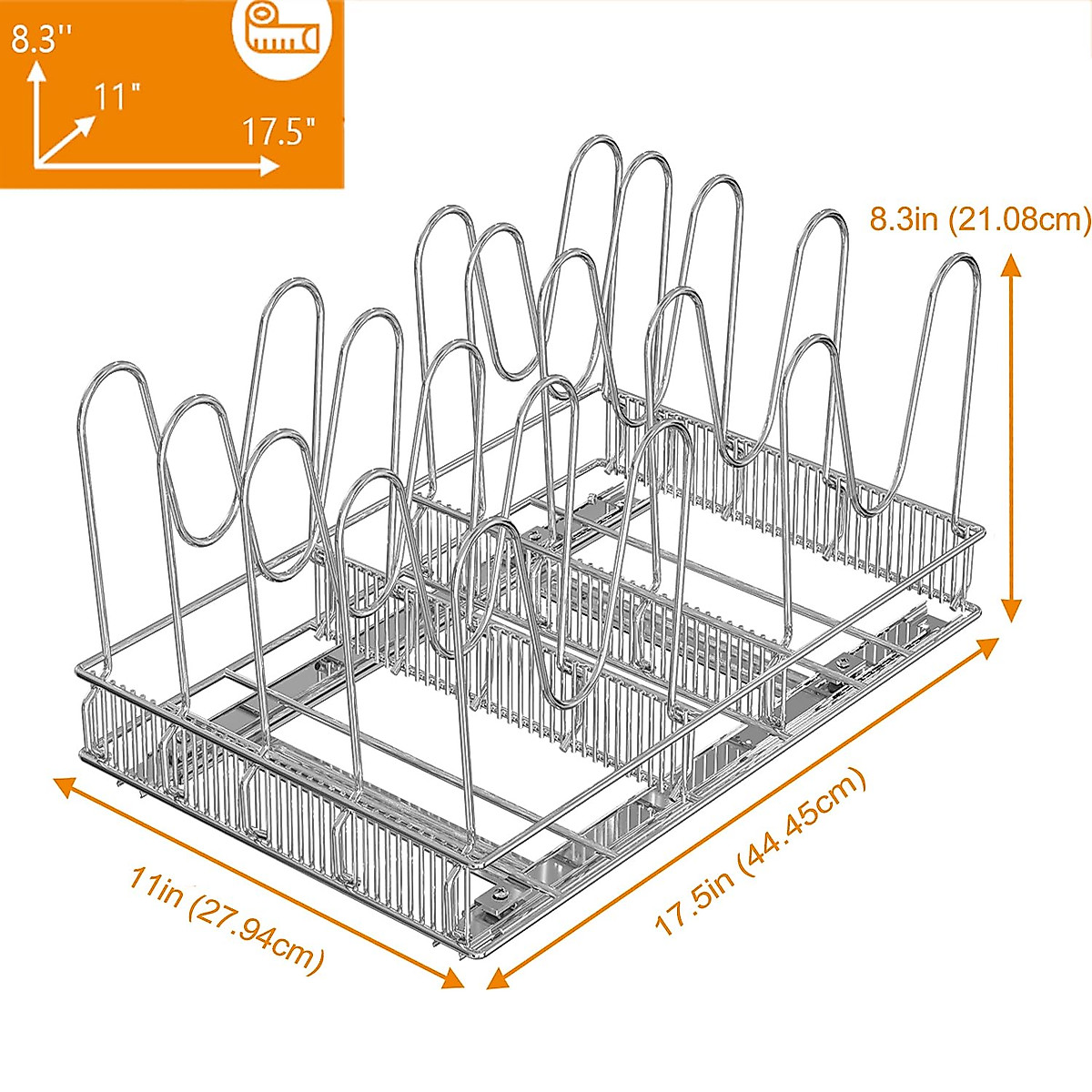 VyGrow Pots and Pans Organizer, Pull Out Pot and Pan Organizer for Cabinet Kitchen Pantry with 10 Adjustable Dividers, Heavy Duty Pan Organizer Rack 11Wx17.5Dx8.34H inch