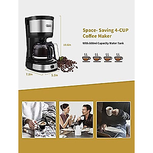 Gevi 4-Cup Coffee Maker with Auto-Shut Off, Small Drip Coffeemaker Compact Coffee Pot Brewer Machine with Cone Filter, Glass Carafe and Hot Plate, Stainless Steel Finish