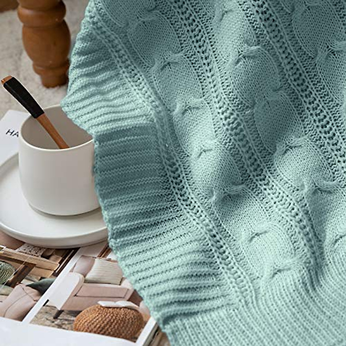 jinchan Throw Blanket Teal Lightweight Cable Knit Sweater Style Year Round Indoor Outdoor Travel Accent Throw for Sofa Comforter Couch Bed Recliner Living Room Bedroom 50x60 Inch