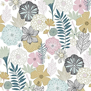 RoomMates RMK11328WP Pink Perennial Blooms Peel and Stick Wallpaper, Roll