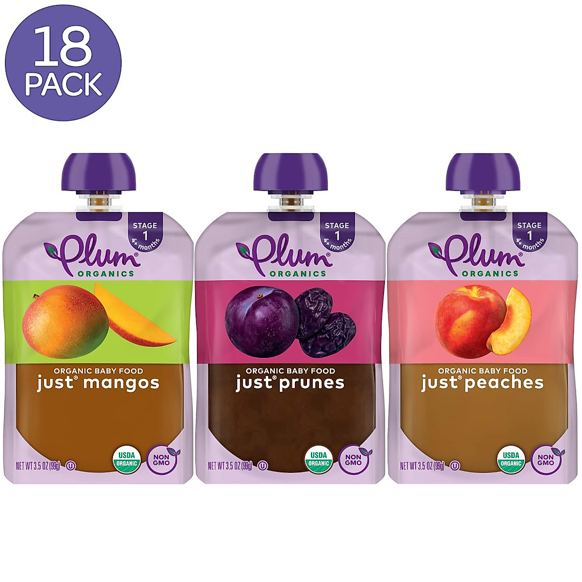 Plum Organics Stage 1 Organic Baby Food - Just Mangos, Just Prunes, and Just Peaches Variety Pack - 3.5 oz Pouch (Pack of 18)