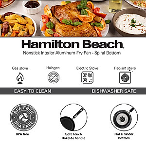 Hamilton Beach Nonstick Interior Aluminum Fry Pan Set - Spiral Bottom - Flared Edge and Scratch Resistant Pan - Soft Touch Bakelite Handle, Suitable for Kitchen Pans, Dishwasher Safe| 2pc Black |