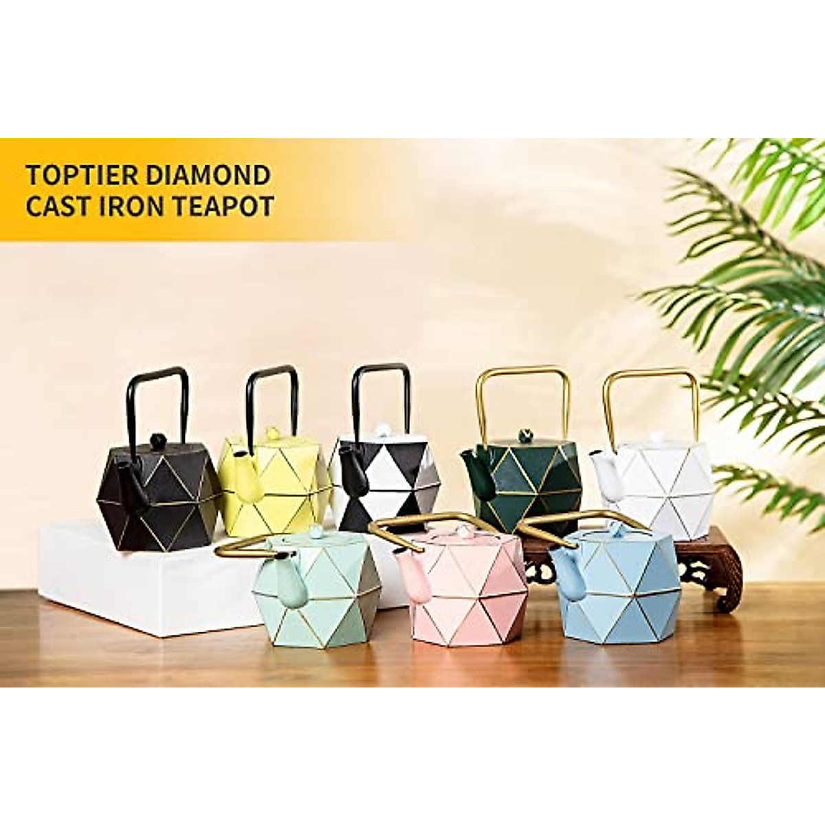 Toptier Cast Iron Teapot, Stovetop Safe Japanese Cast Iron Tea Kettle, Diamond Design Tea Pot with Removable Infuser for Loose Tea, 30 Ounce (900 ml), Dark Green