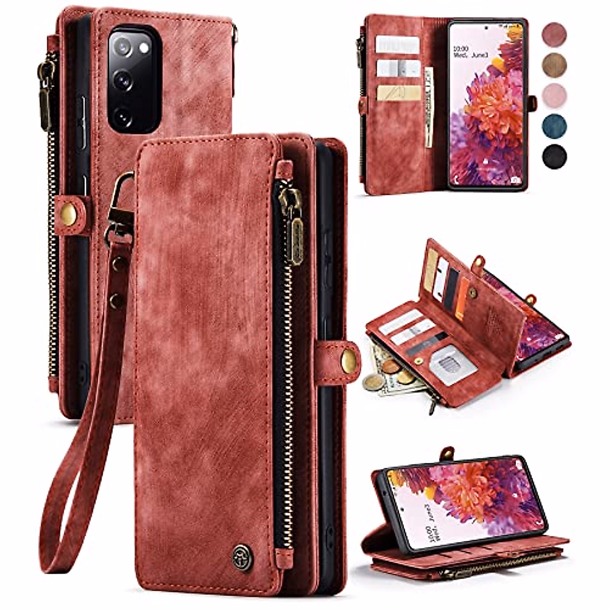 Defencase Compatible with Samsung Galaxy S20 FE 5G Case Wallet with Card Holder for Women Men, PU Leather Magnetic Snap Flip Zipper Strap Wallet Case Fit for Galaxy S20 FE, Fashion Red