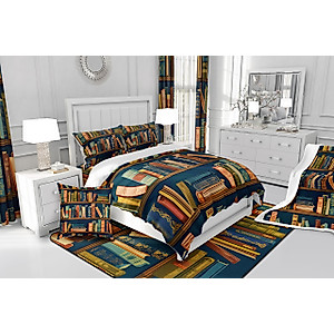 Erosebridal Bookshelf Comforter Cover for Teens, Library Bedding Set Retro Wooden Bookshelf Duvet Cover Full for Kids Boys Adult Bedroom, Academic Educational Theme Quilt Cover, Dark Blue Brown