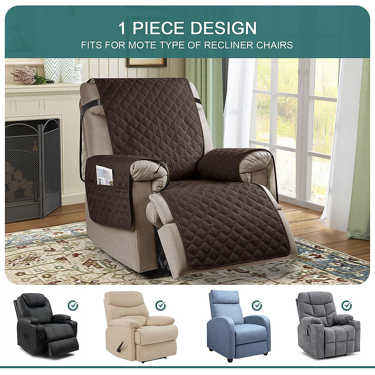 Ruaozz 100% Waterproof Recliner Chair Cover Non-Slip Reclining Cover for Recliner Chair Washable Chair Seat Cover with Elastic Straps for Kids, Dogs, Pets (Chocolate, 23'')