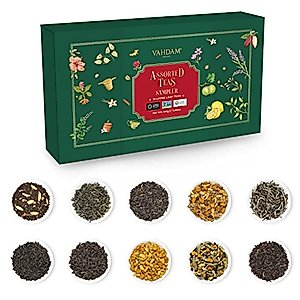 VAHDAM, Assorted Loose Leaf Tea Sampler - 10 Teas, 50 Servings | Tea Variety Pack - Black Tea, Green Tea, Oolong Tea, Chai Tea, White Tea | Brew as Hot/Iced Tea, Kombucha Tea
