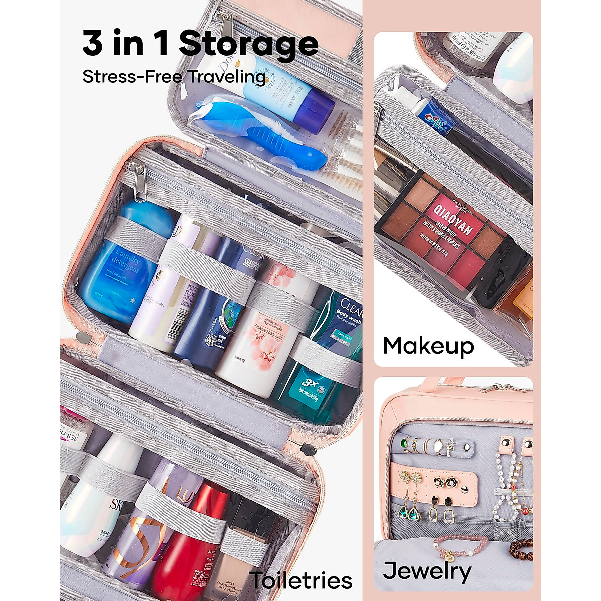 OlarHike Toiletry Bag,Large Size Waterproof Hanging Bags, Makeup Jewelry 3 in 1 Essentials Travel Packing Organizers, Fulled-Sized Family Pack, Shampoo, Conditioner, Brushes Set (Pink)