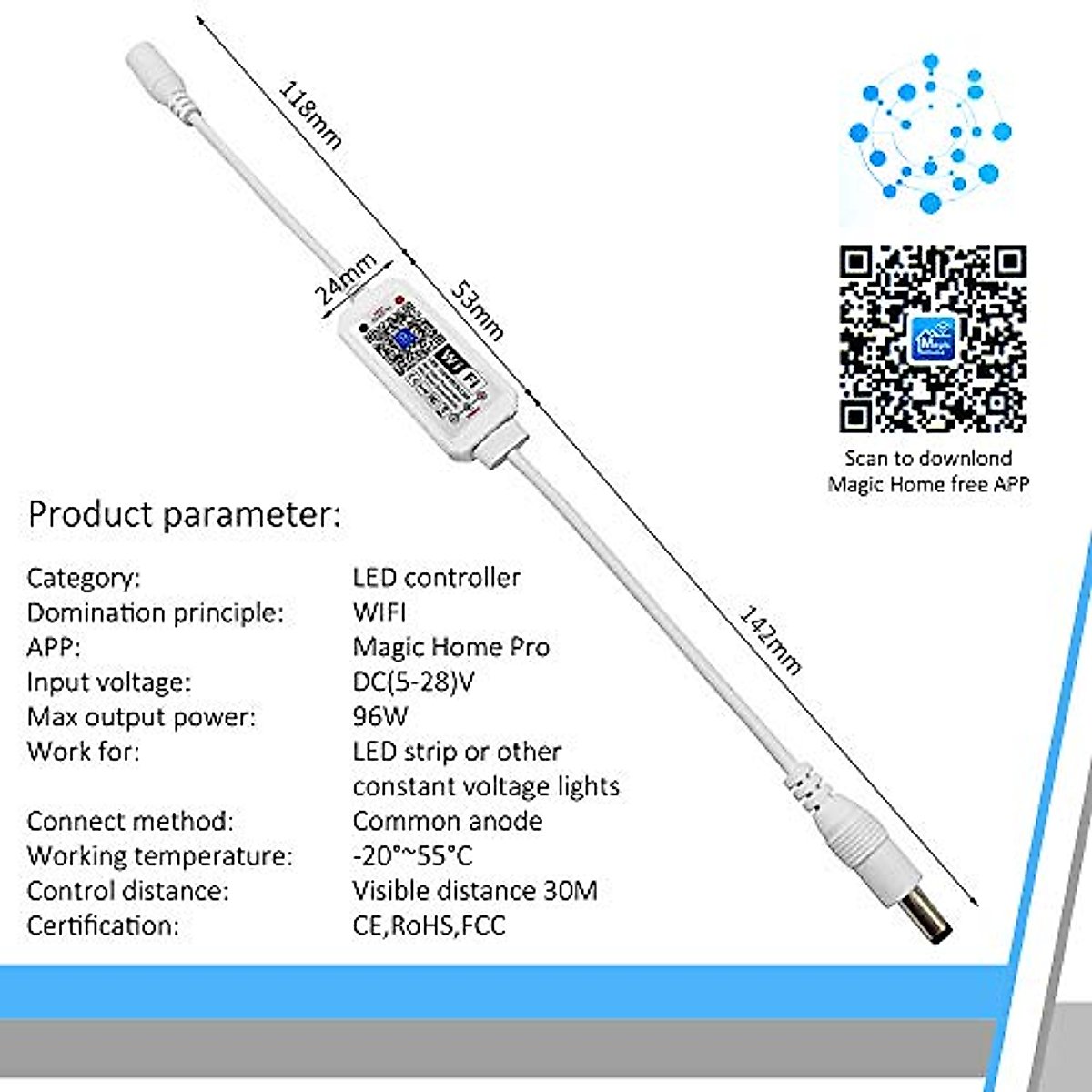 Sumaote Single Color LED Strip Lights WiFi Controller, Compatible with Android iOS Works for 5050 3528 COB LED Light Strips, 5V-28V, Voice Control, Dimmable, Timing Function